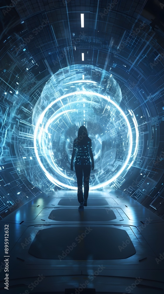 Futuristic scene depicting a quantum teleportation portal with a ...