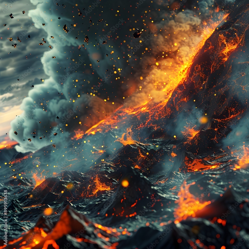 Intense richly textured simulation of a volcanic eruption depicting the ...