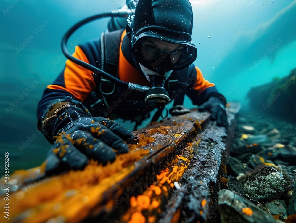 Underwater archaeologist discovering a Viking shipwreck, blending ...