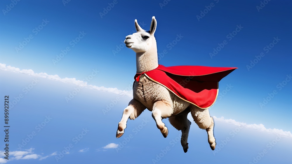 Super Llama wearing red cape flying in the sky, blue skies, sun ...
