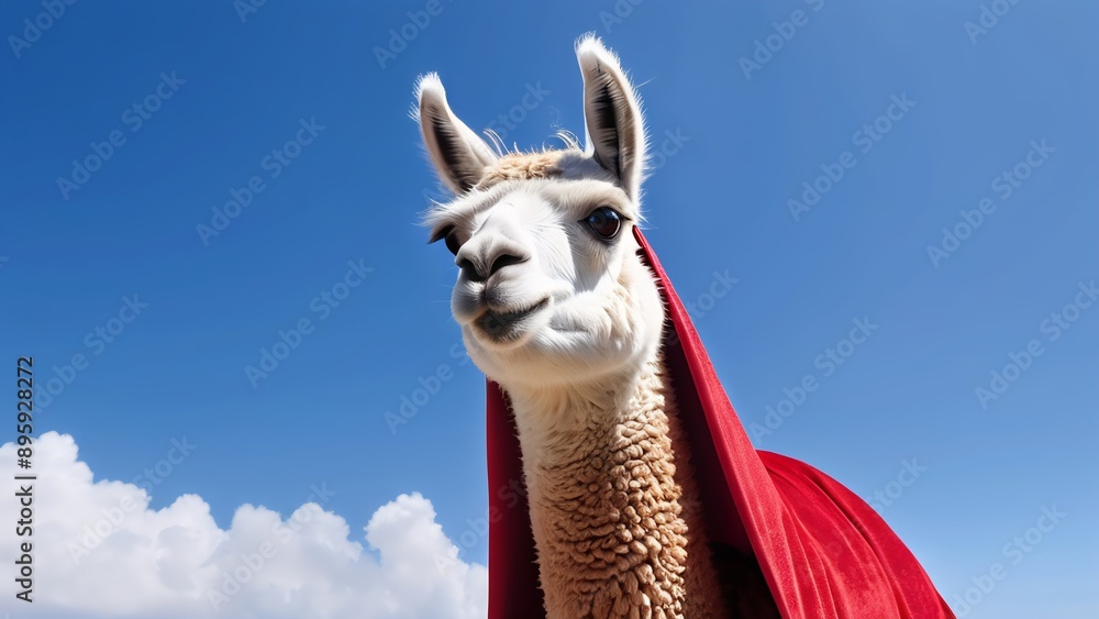Super Llama wearing red cape flying in the sky, blue skies, sun ...