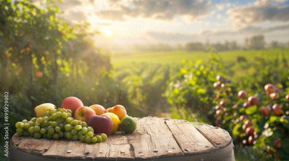 Farm nature background, wooden podium, green field, fruit table display ...