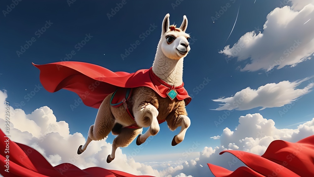 Super Llama wearing red cape flying in the sky, blue skies, sun ...