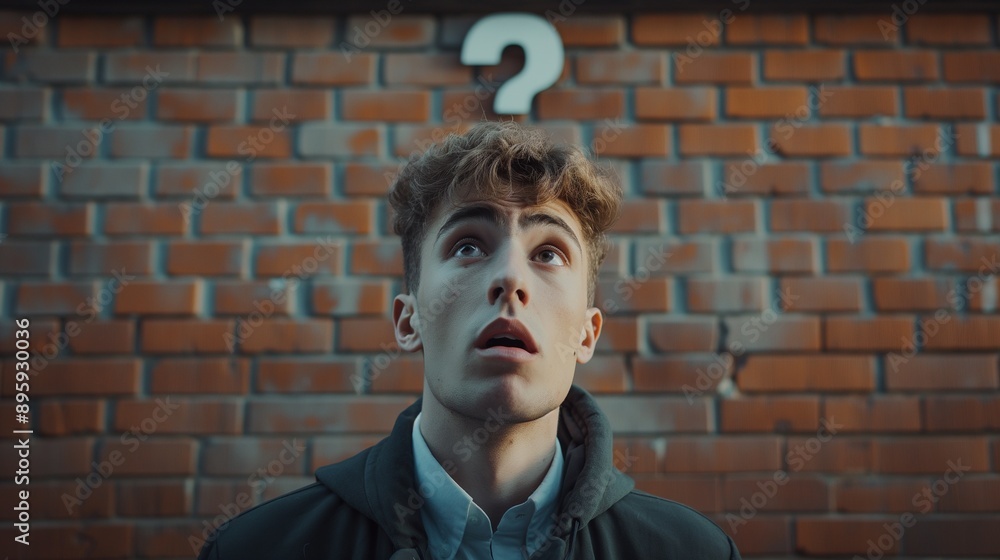 Young man standing in front of a brick wall with a question mark above ...