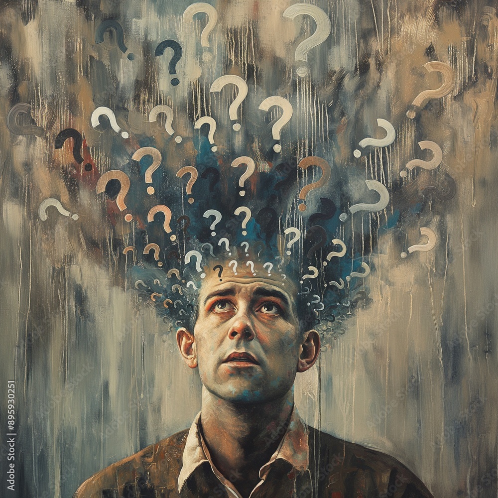Artistic painting of a man with question marks over his head ...