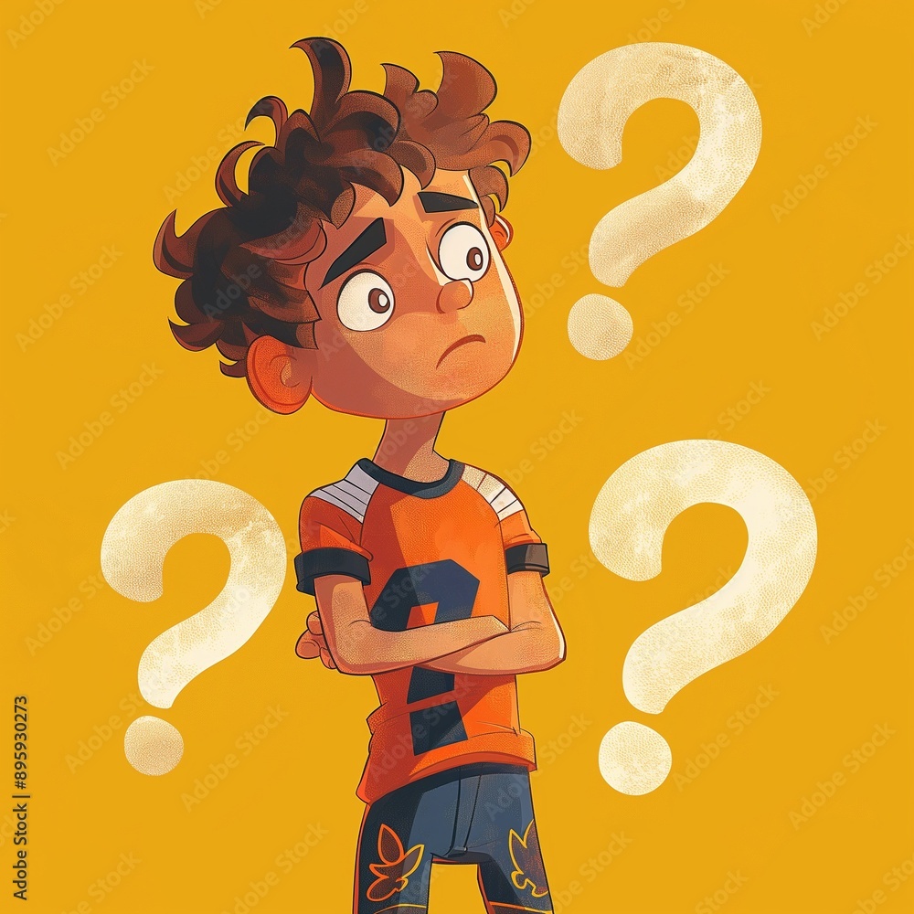 Cartoon boy with curly hair looking confused, surrounded by question ...