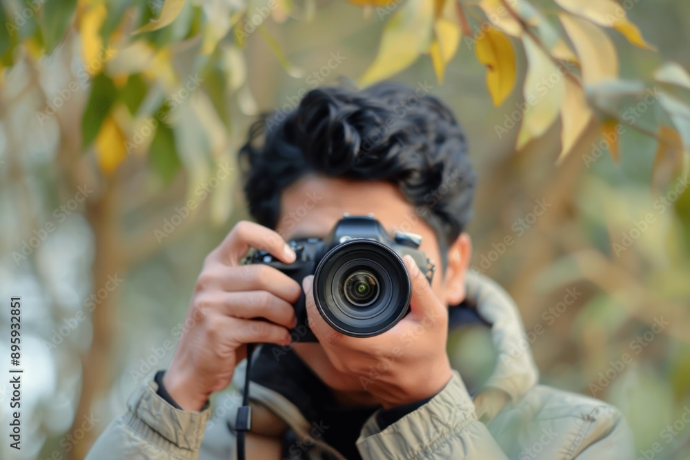 Frontal view of photographer holding camera to face, background softly ...