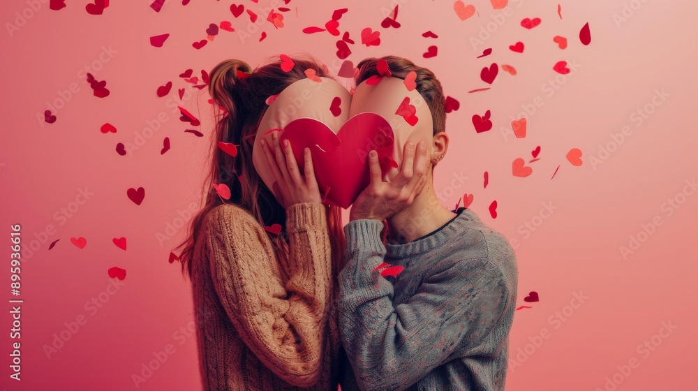 cute couple in love giving each other a kiss covering the kiss with a ...
