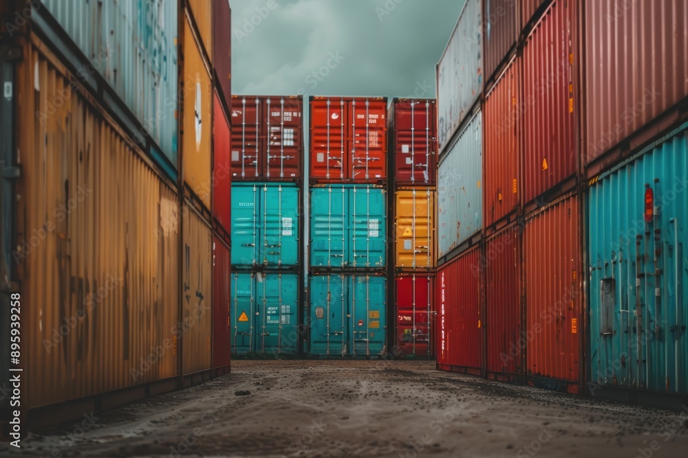 Shipping containers side by side and stacked with fictitious symbols ...