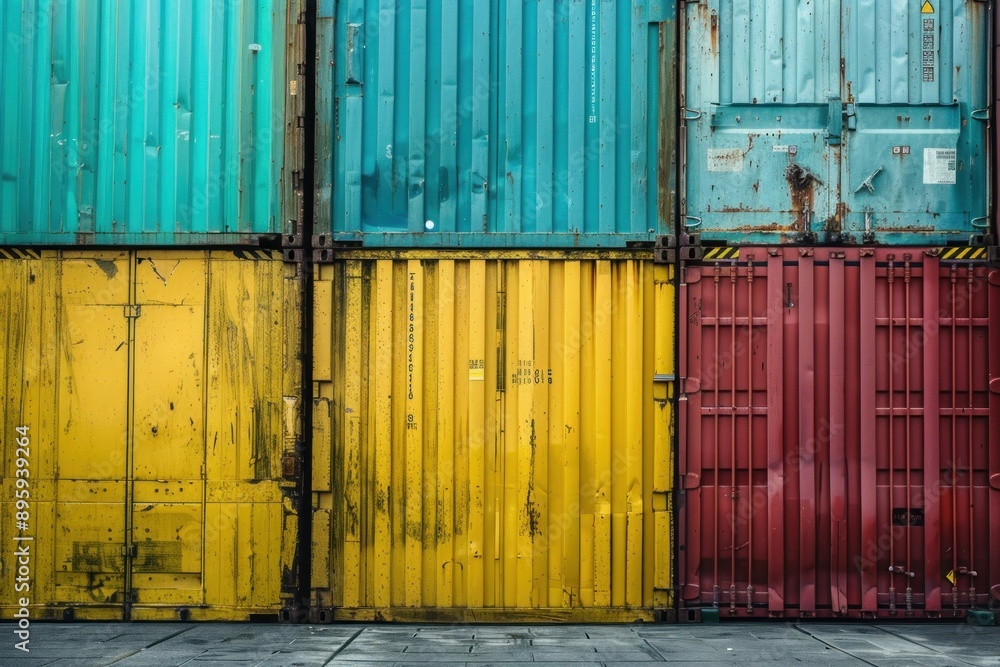 Shipping containers side by side and stacked with fictitious symbols ...