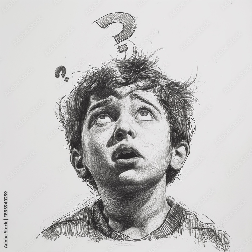 Black and white pencil drawing of a boy looking up with question marks ...
