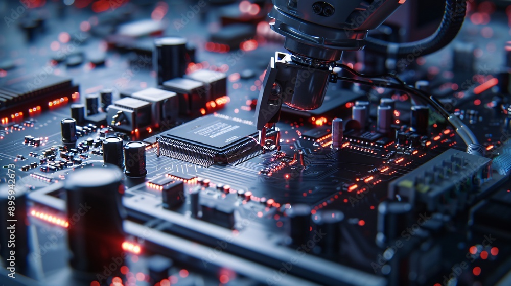 Robotic arm is carefully placing a cpu chip on a motherboard ...