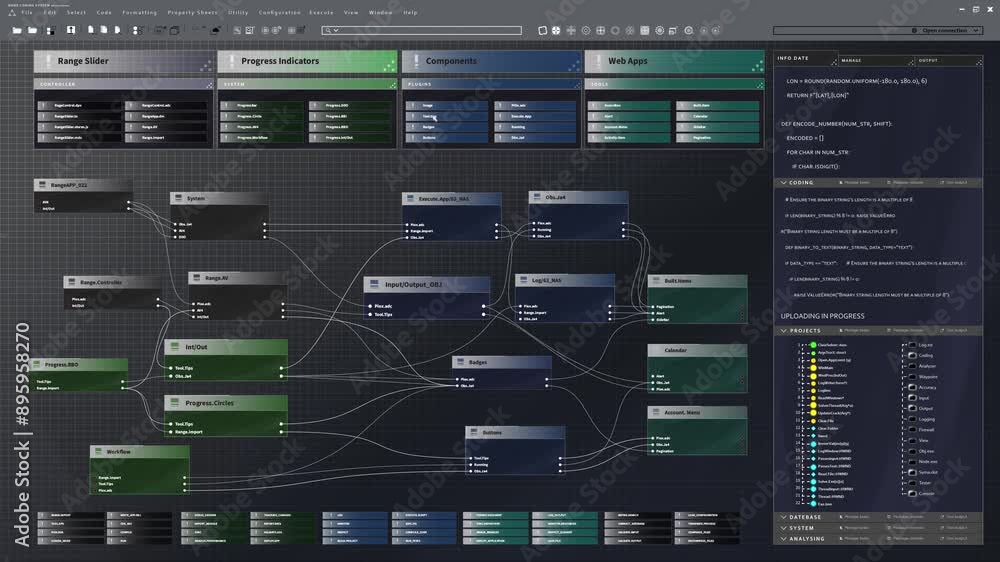 3D rendering of software UI showing Node system used for building artificial intelligence neural ...