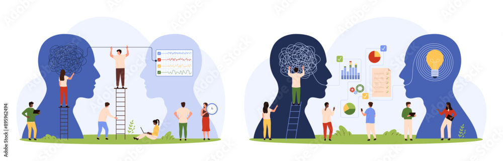 Control of disorganized chaos in mind, psychotherapy set. Tiny people ...