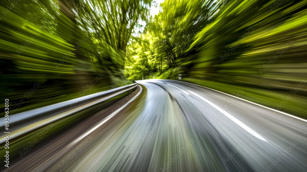Car driving fast through forest road with motion blur Stock ...