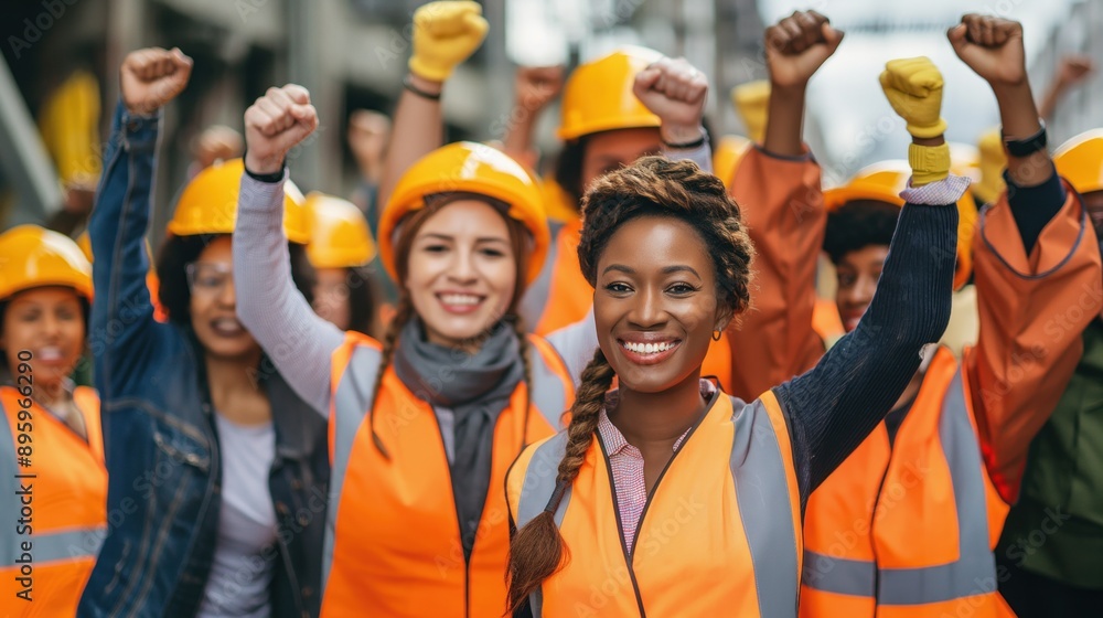 A group of diverse construction workers celebrate their success in an ...