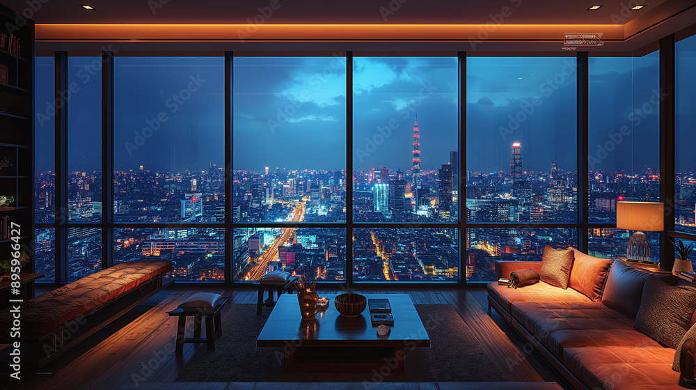 City night view, french window, luxury suites, leather sofas, coffee ...