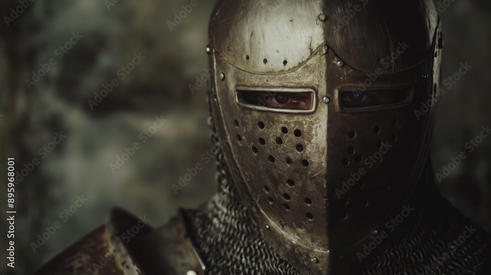 Haunting portrait of a medieval knight in full armor, his gaze firm and ...