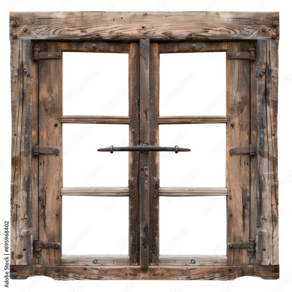 A rustic wooden window frame with visible glass panes isolated against ...