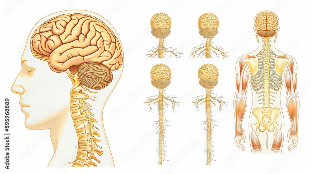 Diagram of the central nervous system, illustrating the brain and ...