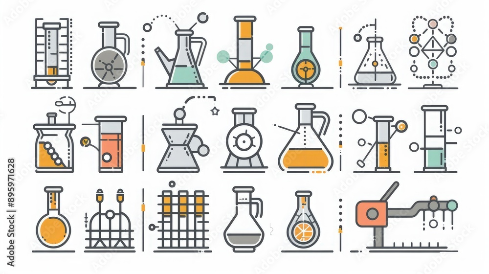 Illustrate a collection of symbols for industrial chemistry, including ...