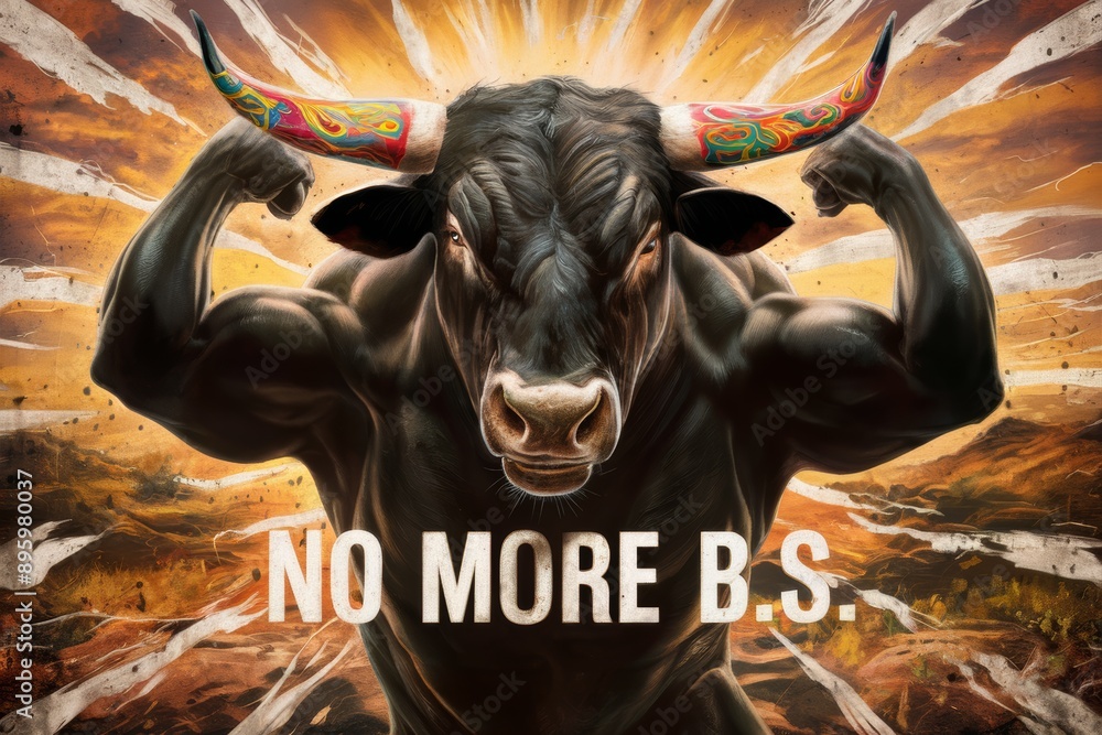 Muscular bull flexing with colorful horns, exuding strength and ...