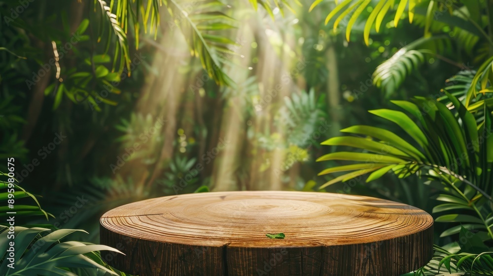 Jungle forest background with a wooden display podium, bathed in ...