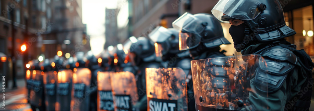 SWAT team members in riot gear, holding shields and wearing helmets ...