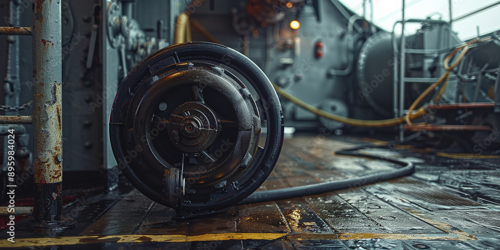 A black fire hose reel was attached to the floor of an old submarine ...