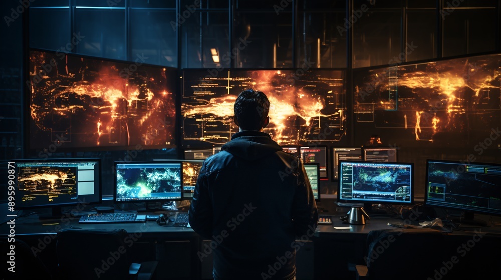 Security engineer working in a server room with firewall interfaces on ...