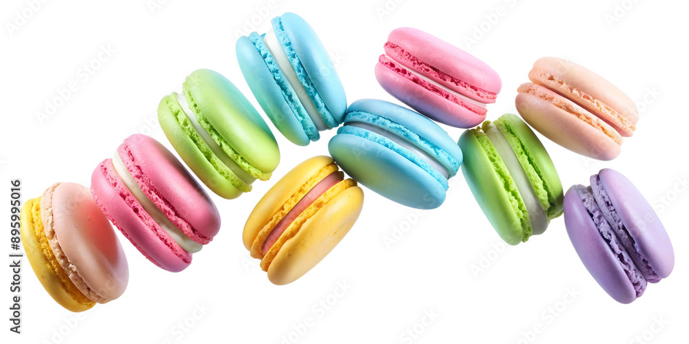 Multi colored flying macaroon of different flavors are cut out on a ...