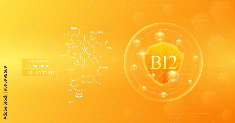 Shield vitamin B12 in dome with orange atom around and chemical ...