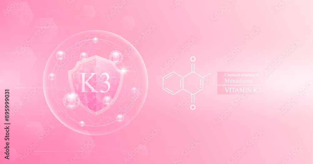 Shield vitamin K3 in dome with pink atom around and chemical structure ...