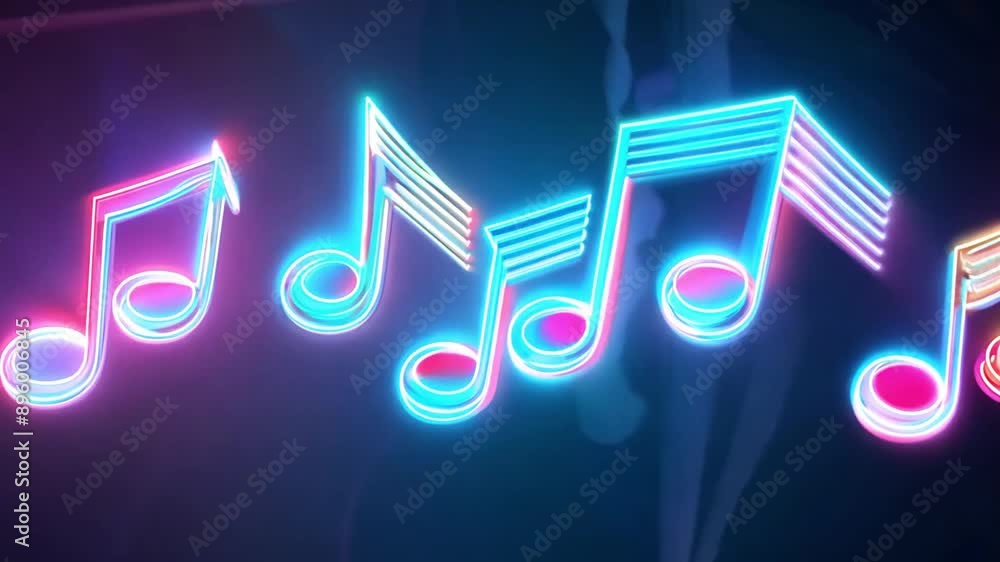 Neon music notes in blue and pink animation, for modern music video ...