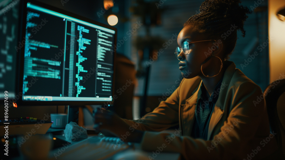 Foto de Side profile of black female IT developer working on computer ...