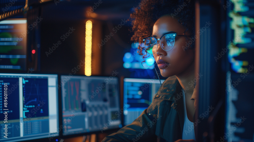 Side profile of black female IT developer working on computer in dark ...