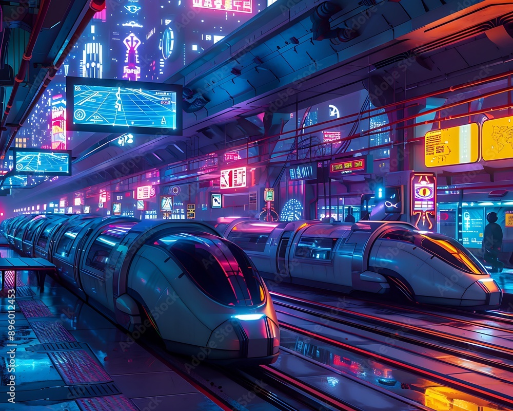 A futuristic subway station in a cyberpunk city, with neon signs ...
