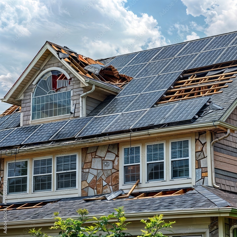 Roof Storm Damage. House with partially collapsed roof and damaged ...