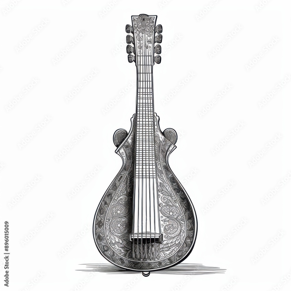 Black and white Vintage engraved art of a sitar isolated on white ...