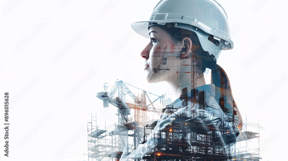 Double Exposure Art, female engineer on a construction site, His body ...