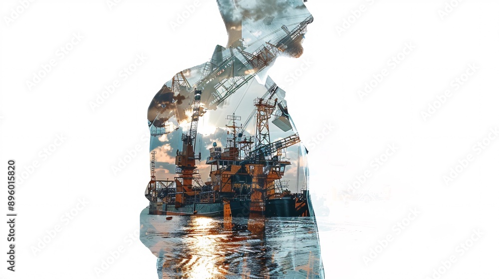Double Exposure Art, male marine engineer maintaining ships, His body ...