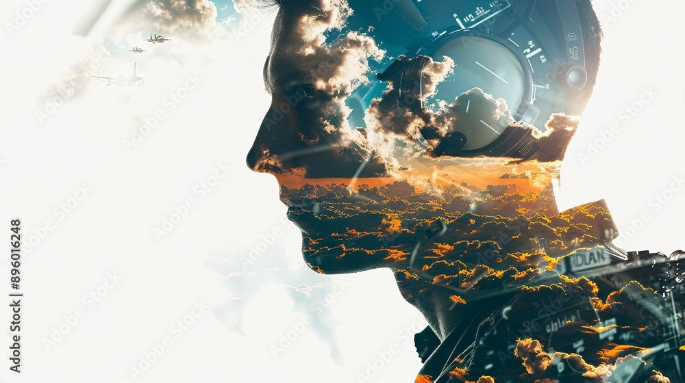 Double Exposure Art, male pilot managing a flight, His silhouette ...