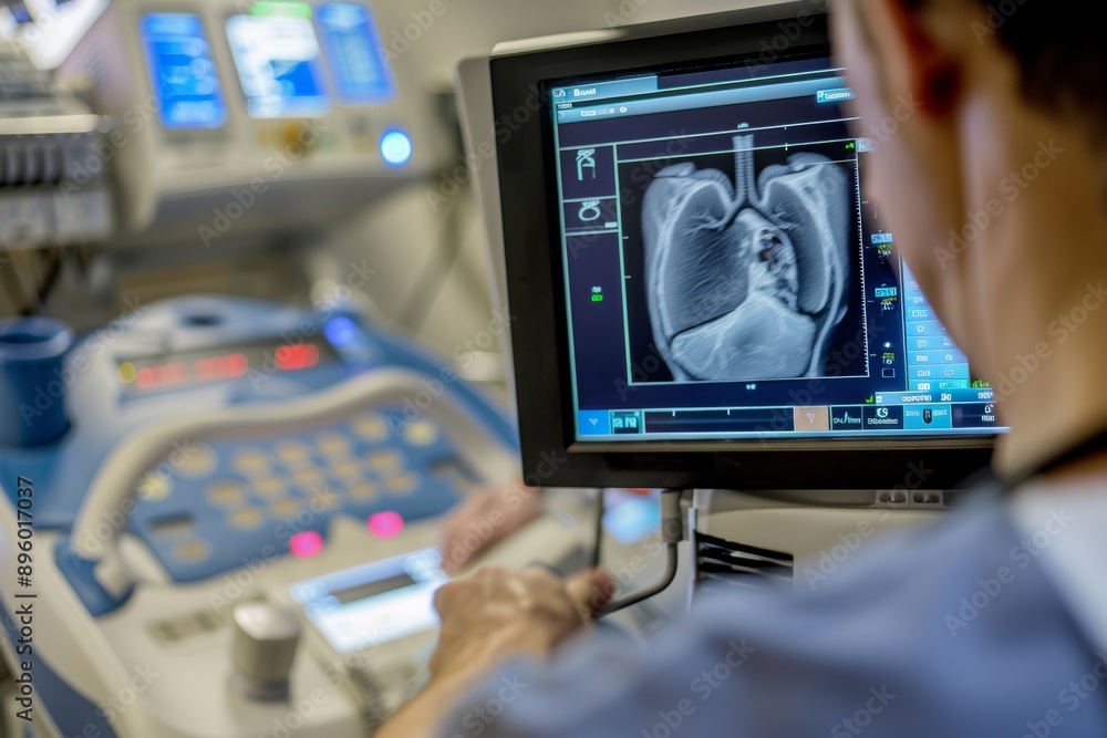 Heart Failure Patient Undergoing Cardiac Ultrasound Exam with Monitor ...