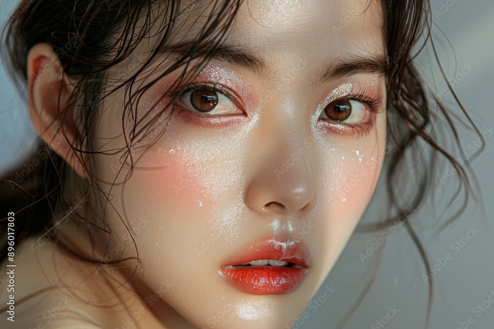 2 A close-up of a 20-year-old Korean model's face with bold eyeshadow ...
