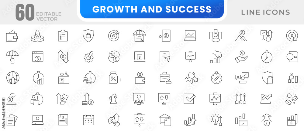 Growth and success line icon set. Successful business development, plan ...