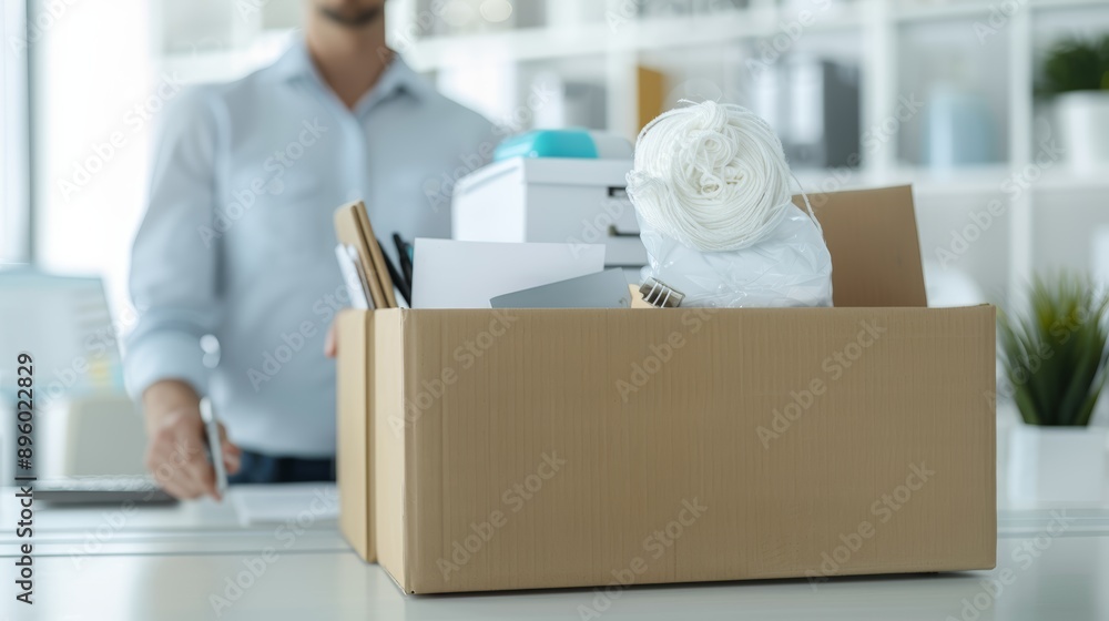 An office worker clearing out their desk, with personal items packed in ...