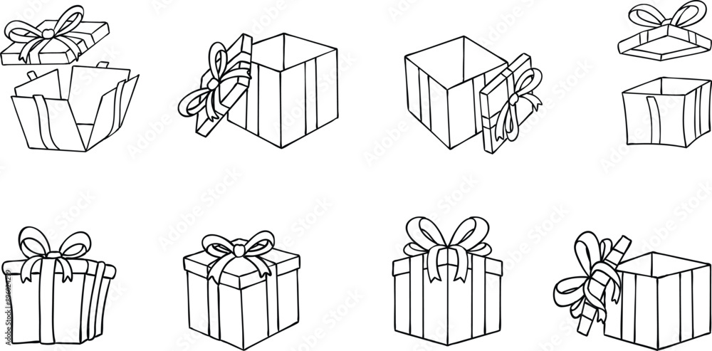 Set of Gift boxes with ribbon icon outline style. Surprising gift boxes ...
