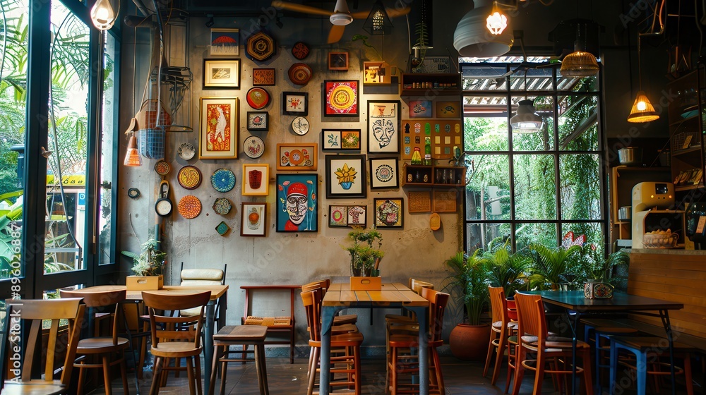 Stylish cafe interior with handicrafts on the walls and full lighting ...