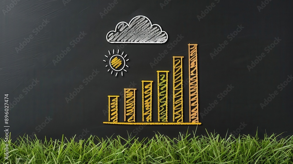 Colorful chalk drawing of a bar chart showing growth with sun and cloud ...