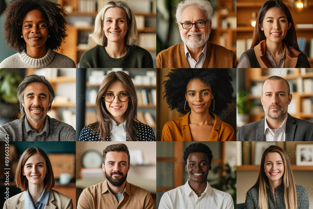 Many different smile people look camera collage. Lot mix race guy face ...